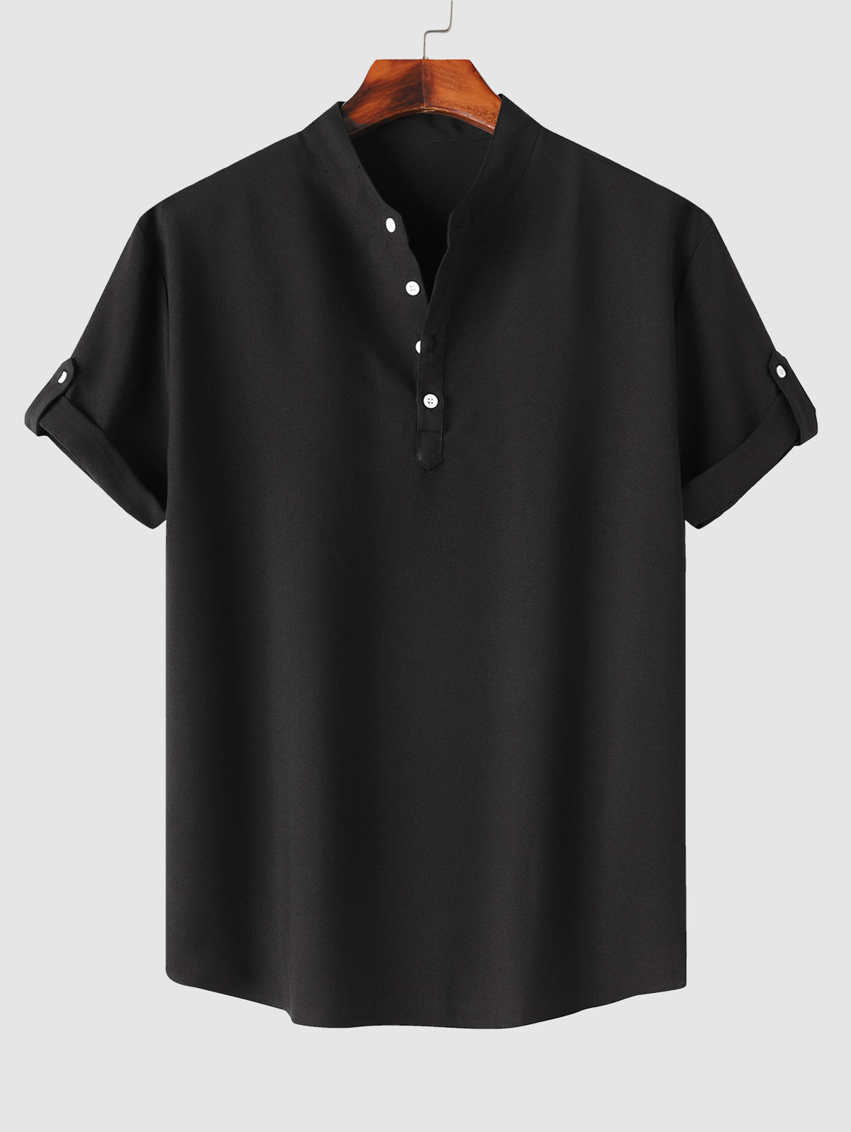 Men's Half Buttoned Solid Color Rolled Up Short Sleeves Popover Shirt ...